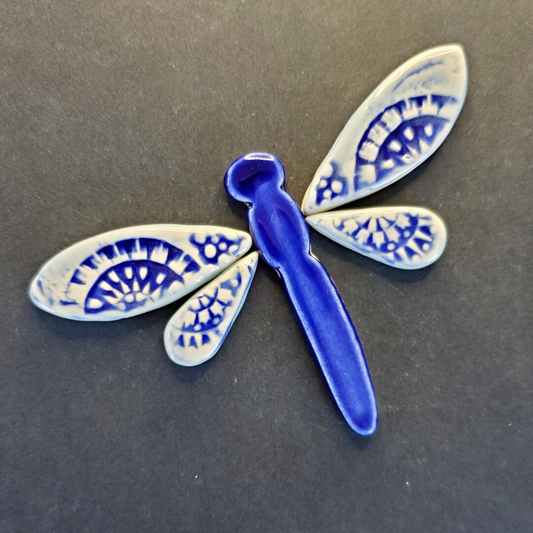 Blue Dragonfly Tile Set (5pc), Handmade Porcelain Insect Mosaic Pieces ...
