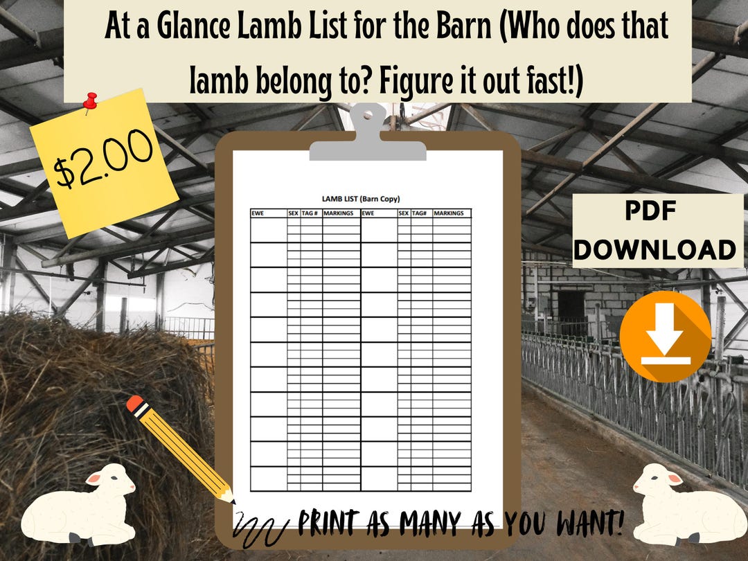Lambing Season List for the Barn - Digital Download, Print. Sheep and ...