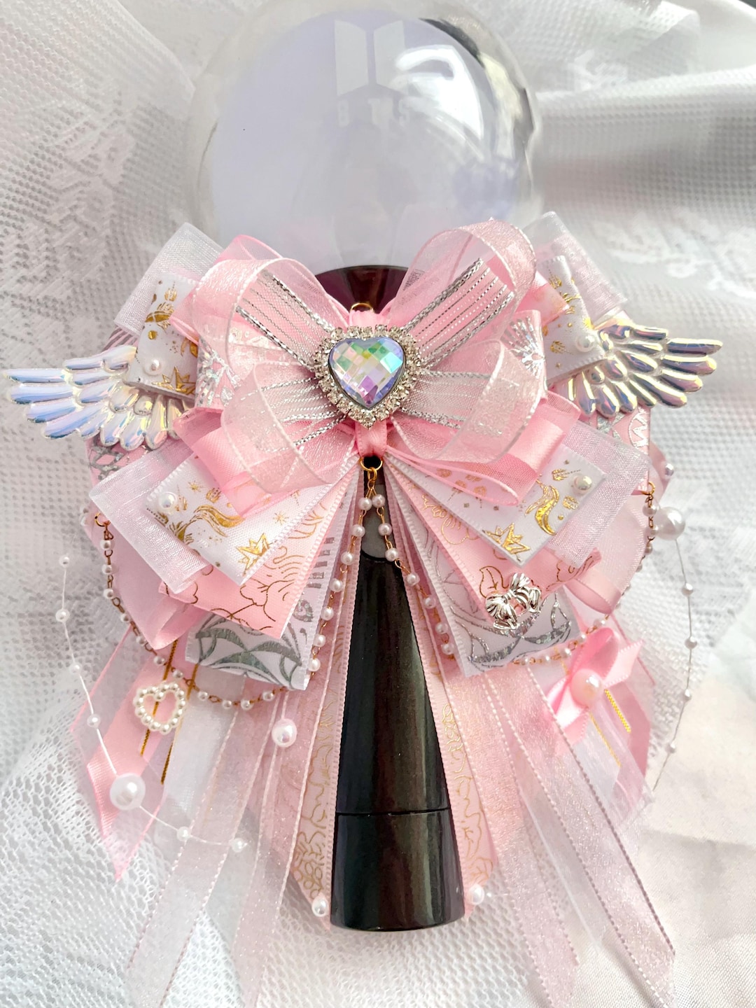 Handmade Ribbon Bow, Pink, Angel Wings Bow, Beaded Chain, Light Stick ...