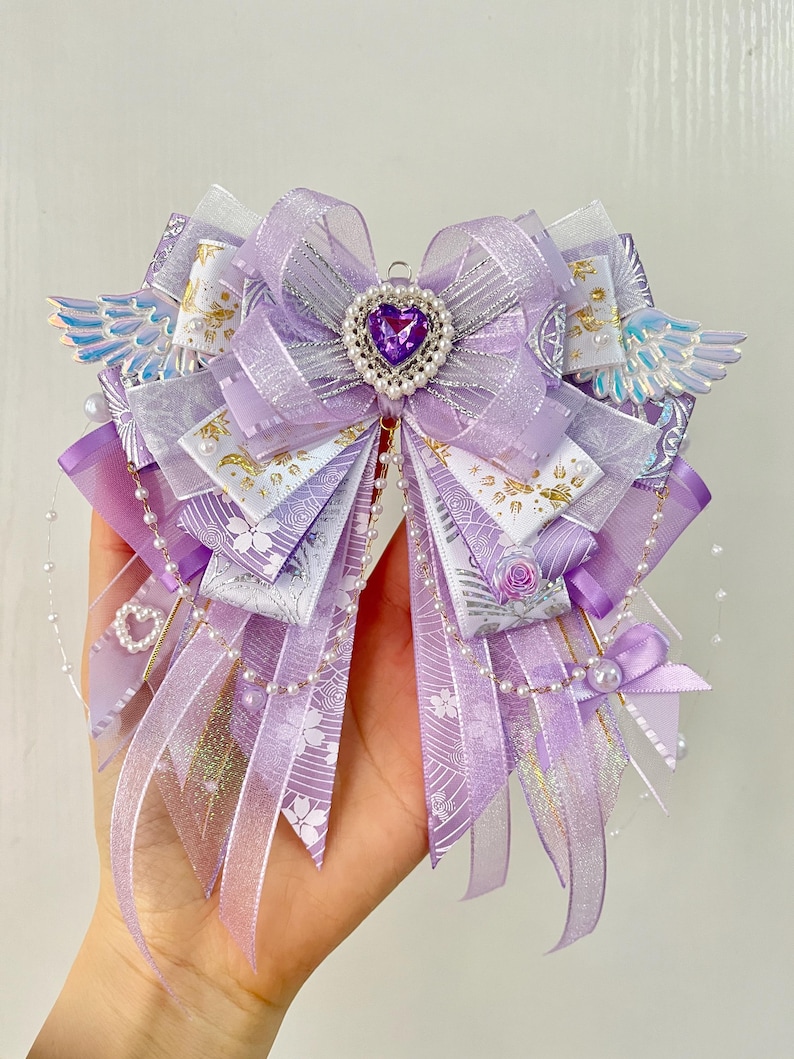 Handmade Ribbon Bow, Pink, Purple, Angel Wings Bow, Beaded Chain, Light ...