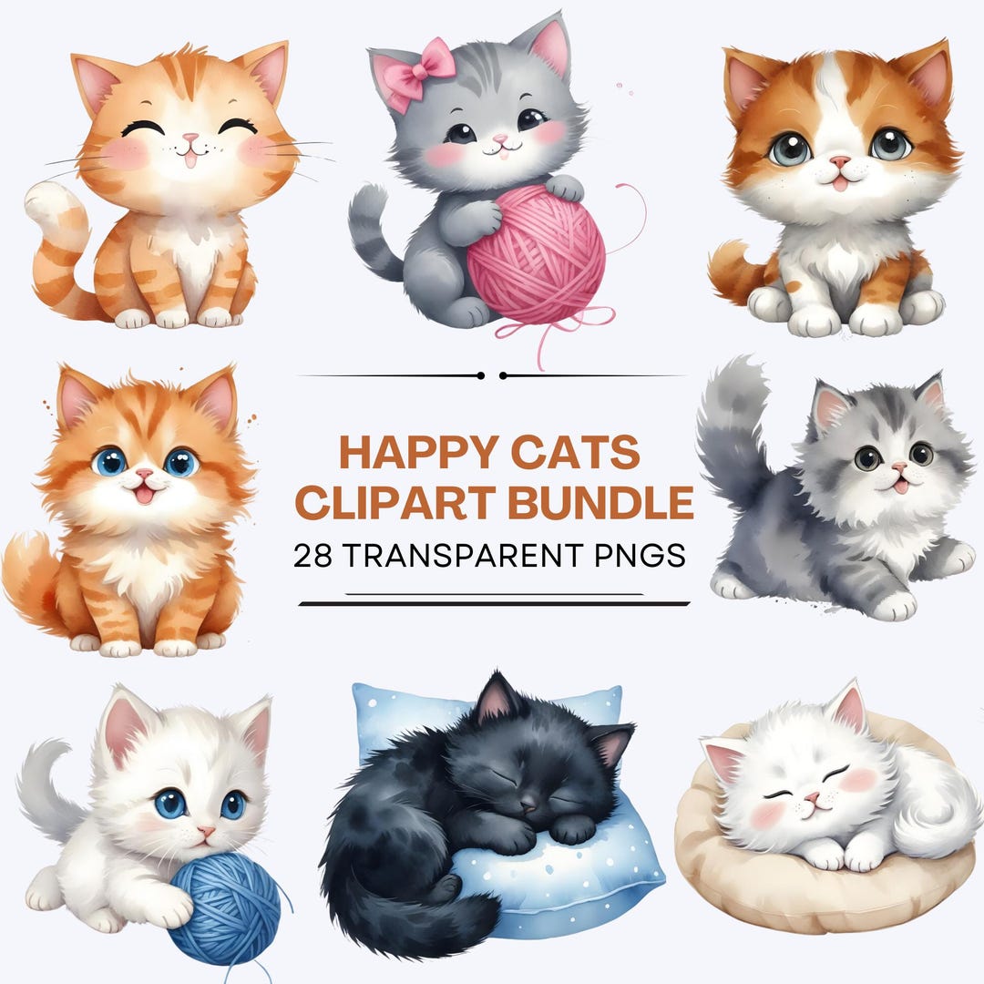 Happy Cats Clipart Bundle, Cute Cat PNG, Cartoon Cat Clip Art, High ...