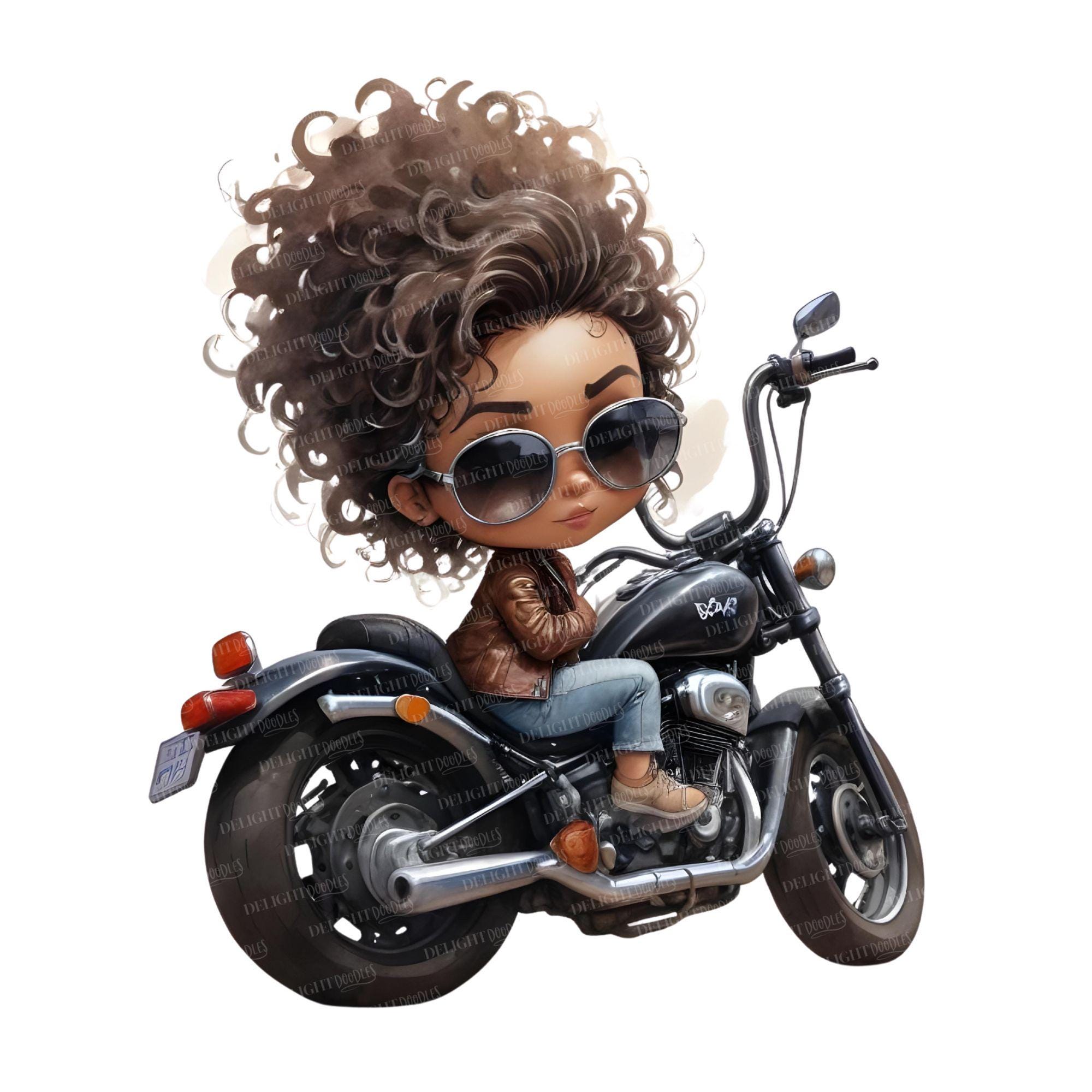 Chibi Woman on Motorcycle Pngs Afro-american Biker Girl Clipart ...