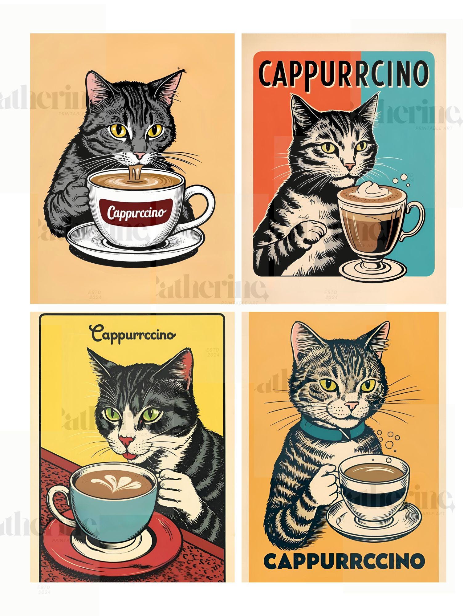 Vintage Cat Café Coffee Cards – Printable Cat-themed Coffee Art | Funny ...