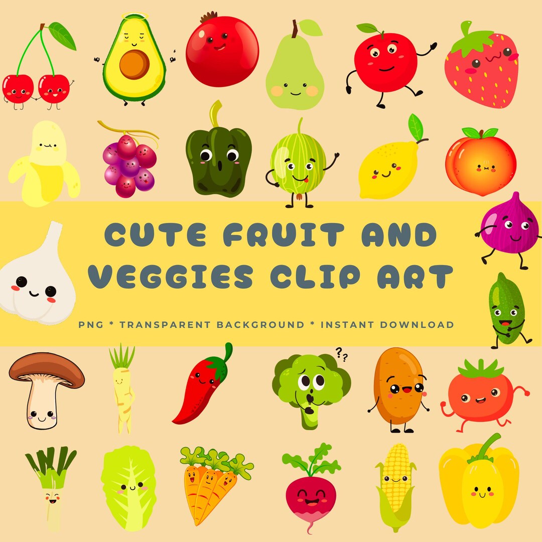 Cute Fruit and Veggies Clip Art Bundle | Digital Download Fussy Cuts ...