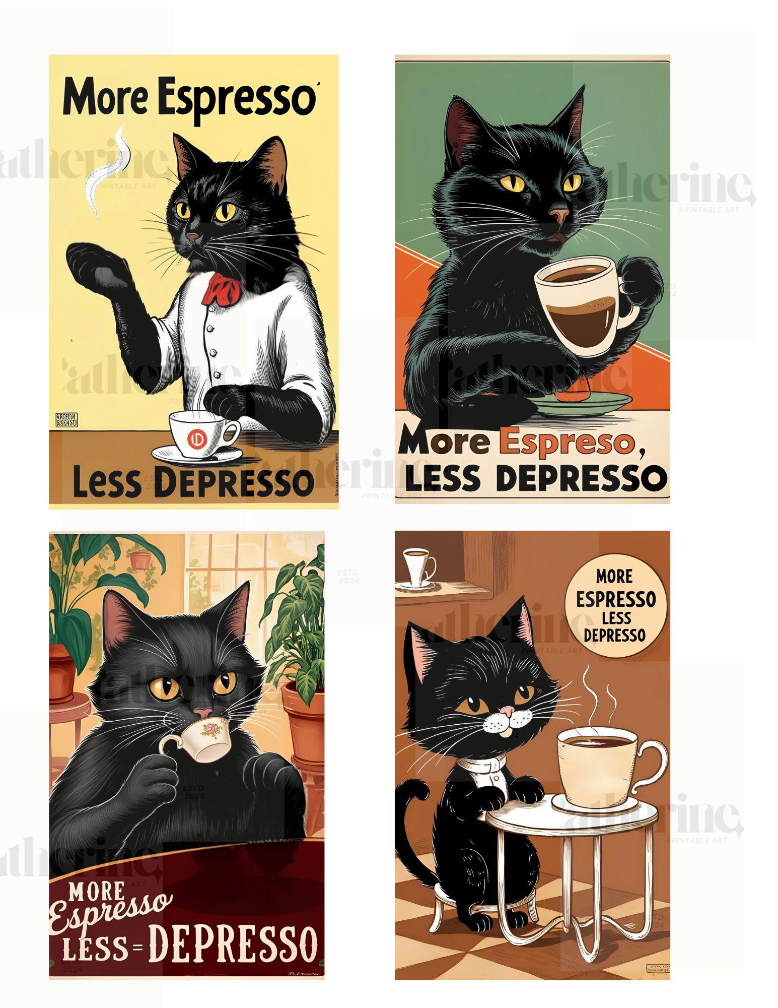 Vintage Cat Café Coffee Cards – Printable Cat-themed Coffee Art | Funny ...