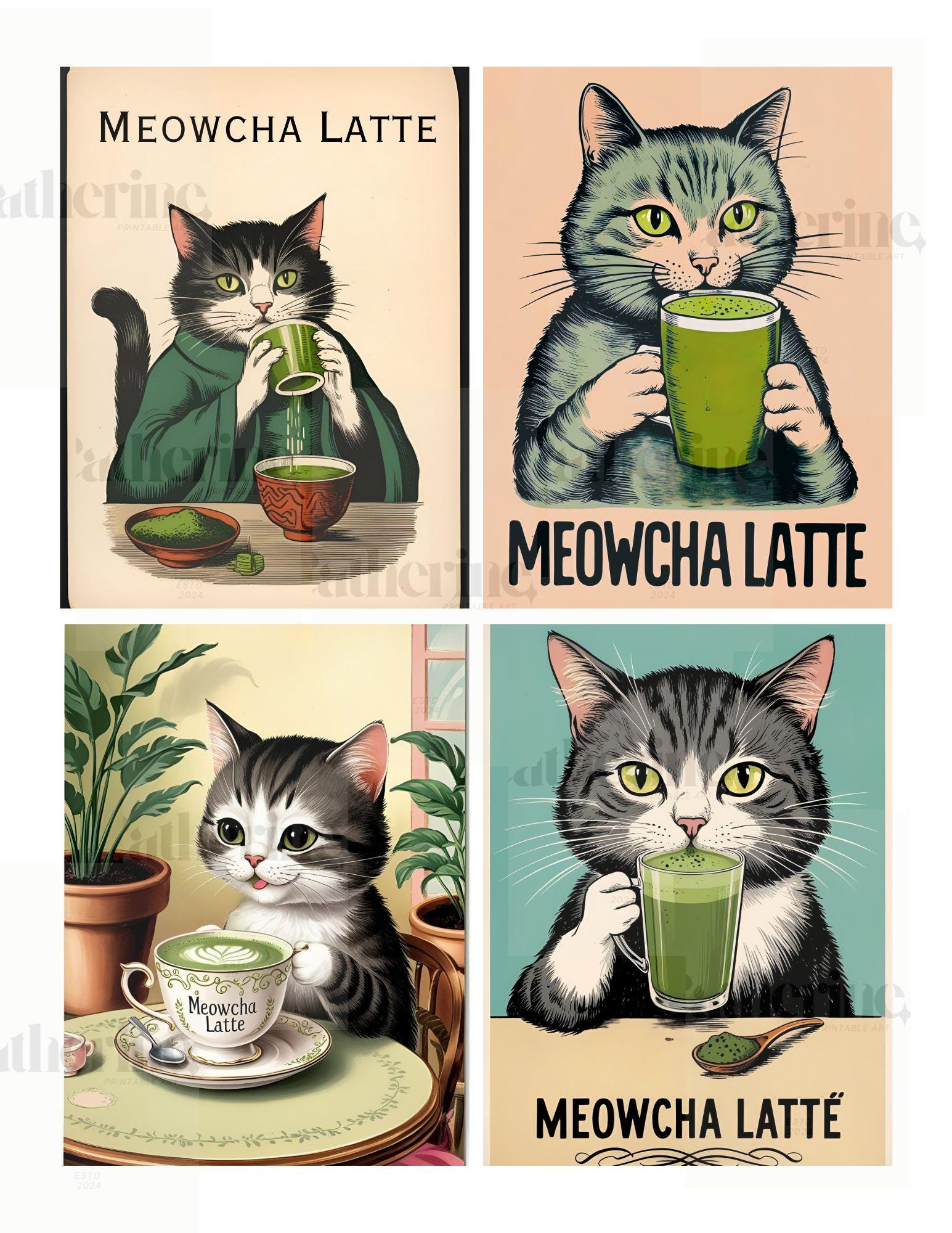 Vintage Cat Café Coffee Cards – Printable Cat-themed Coffee Art | Funny ...