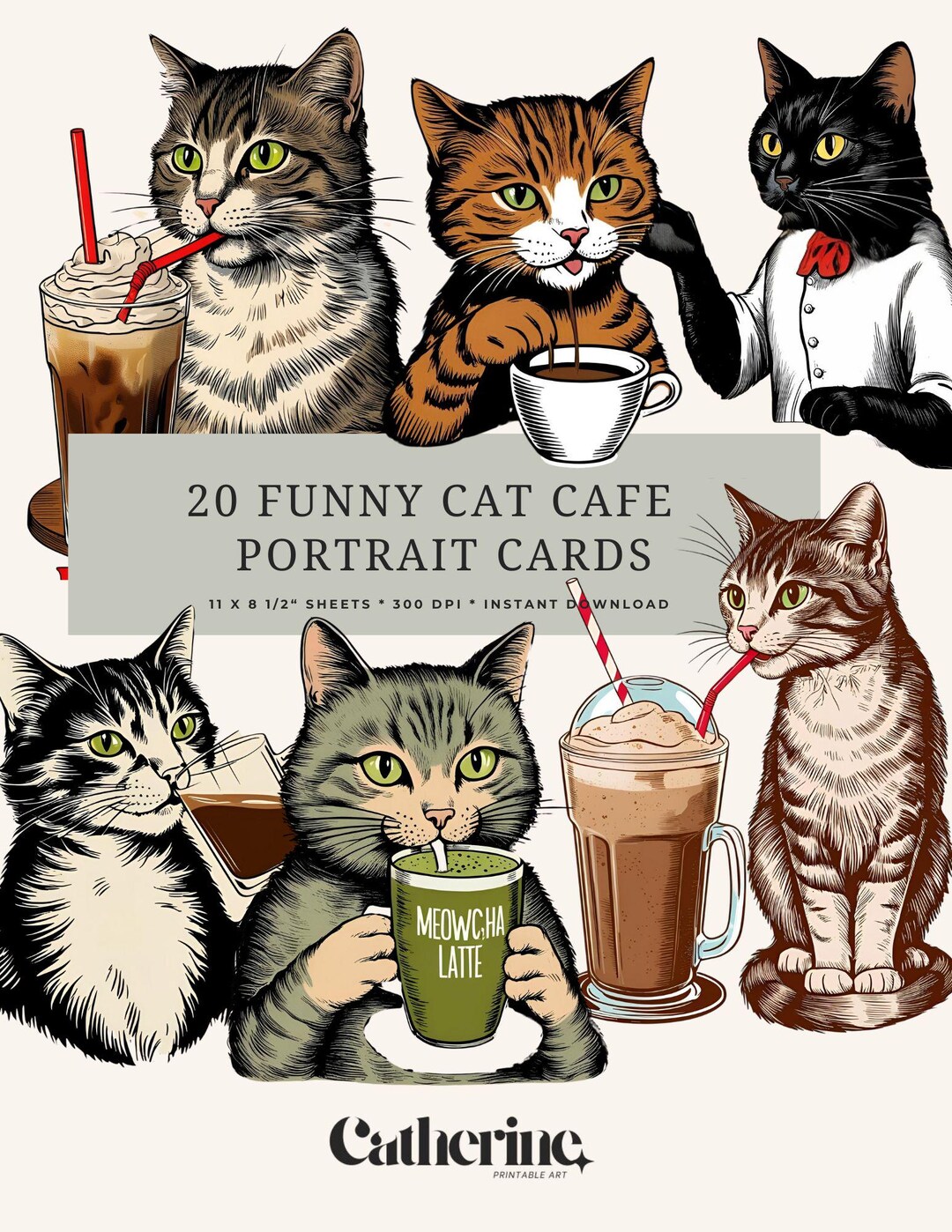 Vintage Cat Café Coffee Cards – Printable Cat-themed Coffee Art | Funny ...