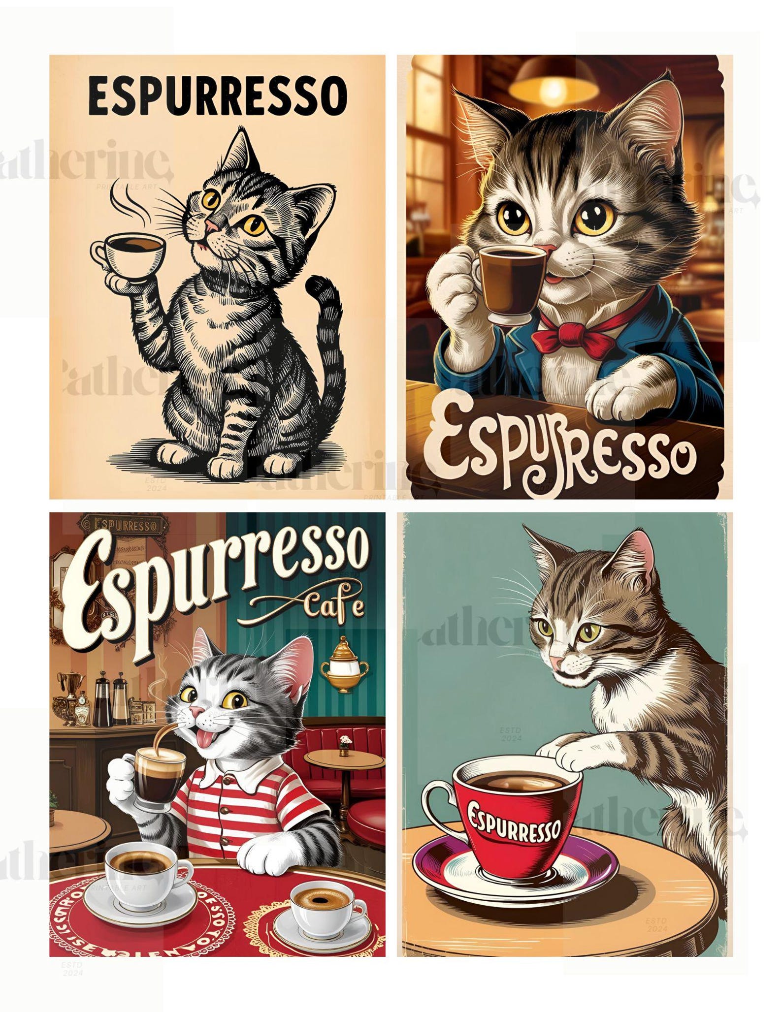 Vintage Cat Café Coffee Cards – Printable Cat-themed Coffee Art | Funny ...