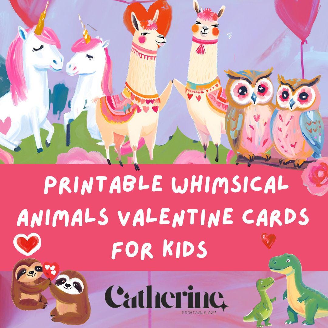 Printable Whimsical Animals Valentine Cards, Kids Classroom Valentine's ...