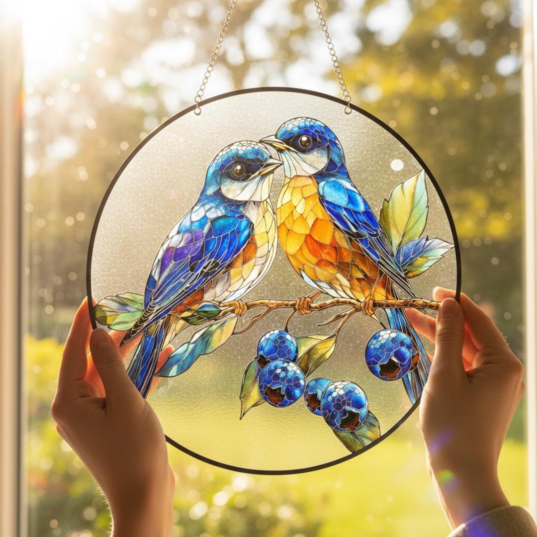 Custom Stained Glass Two Birds on Blueberry Tree | Handmade Translucent ...
