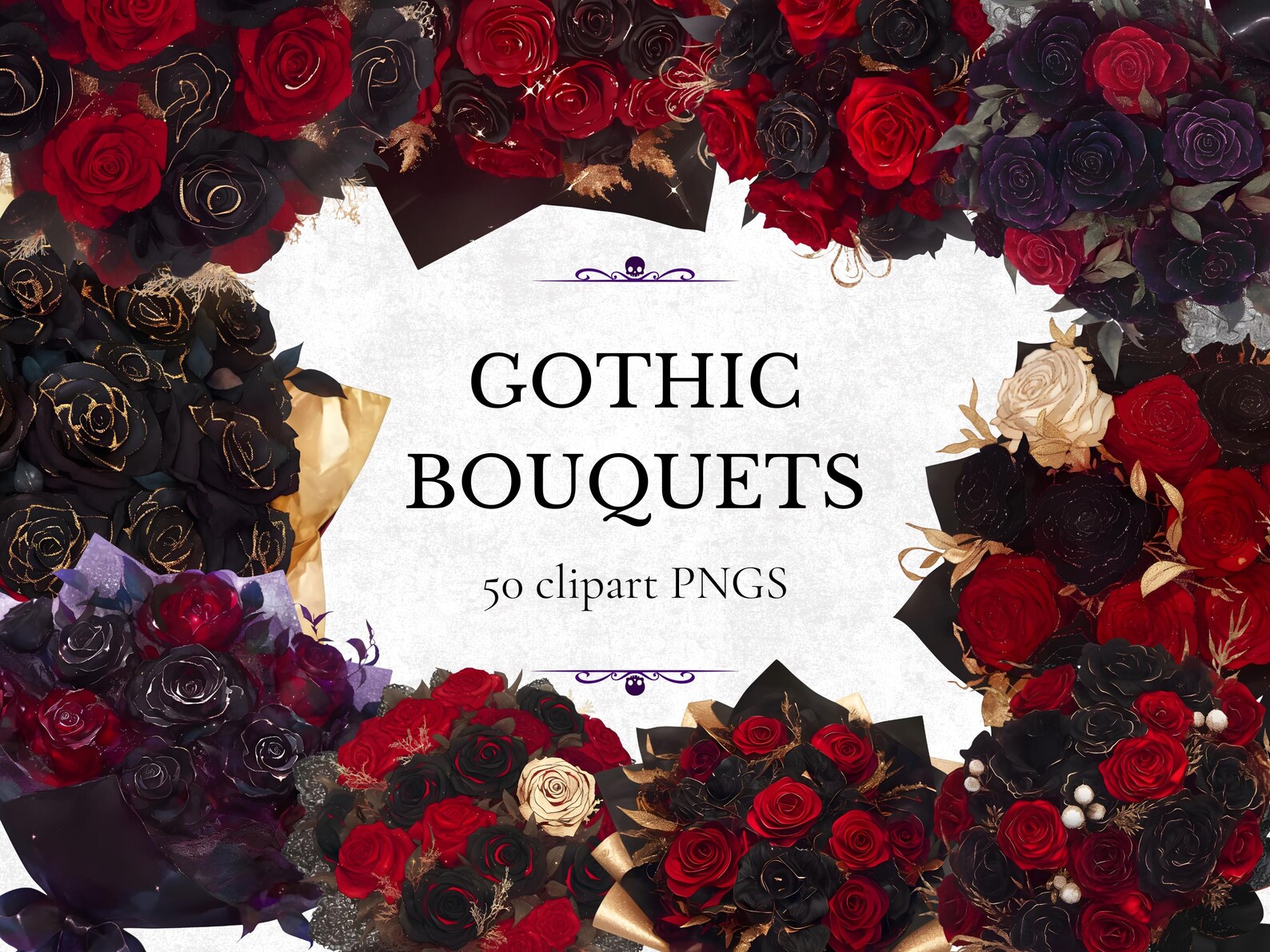 Gothic Bouquets Clipart, 50 Pngs, Gothic Wedding, Black and Red Roses ...