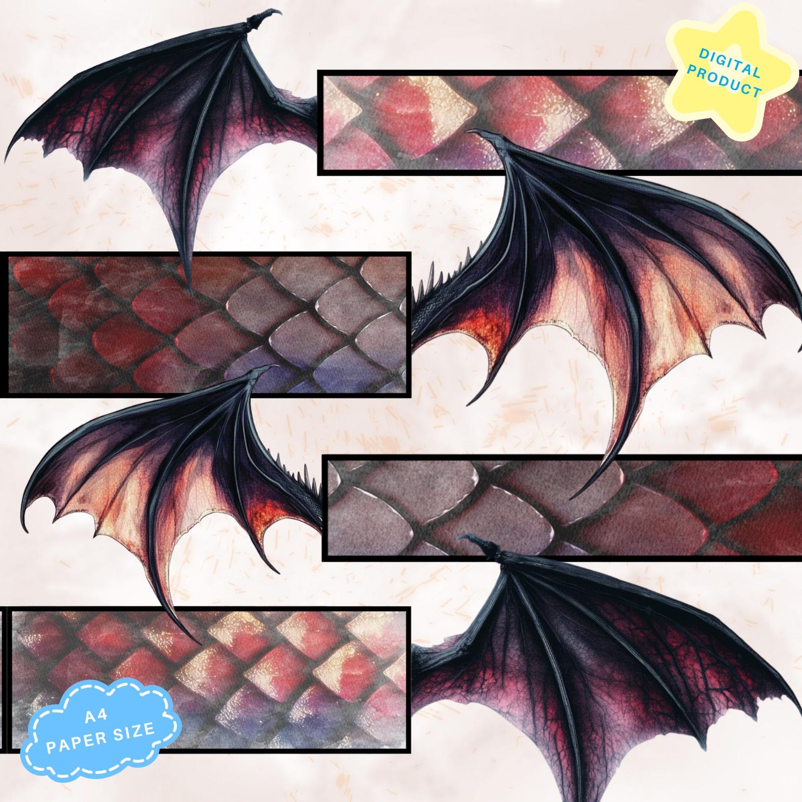 Printable Dragon Wings Bookmark, Folded Bookmarks, Fantasy Design, Gift ...