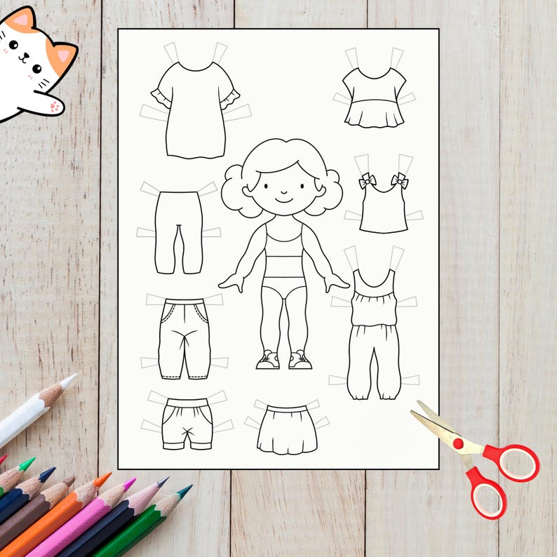 Paper Doll Printable With Clothes. Coloring Page Book. Outline. Digital ...