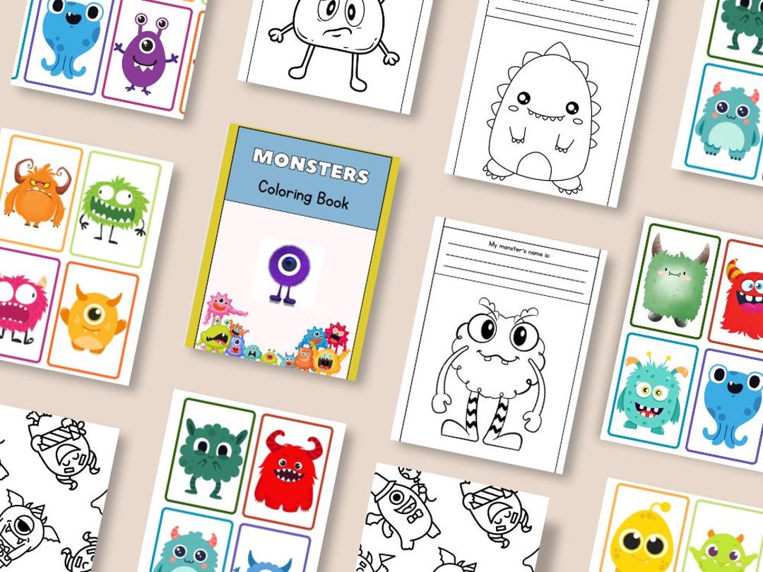 Monster Coloring Book and Flashcards – 50 Printable Pages + 88 Colorful ...