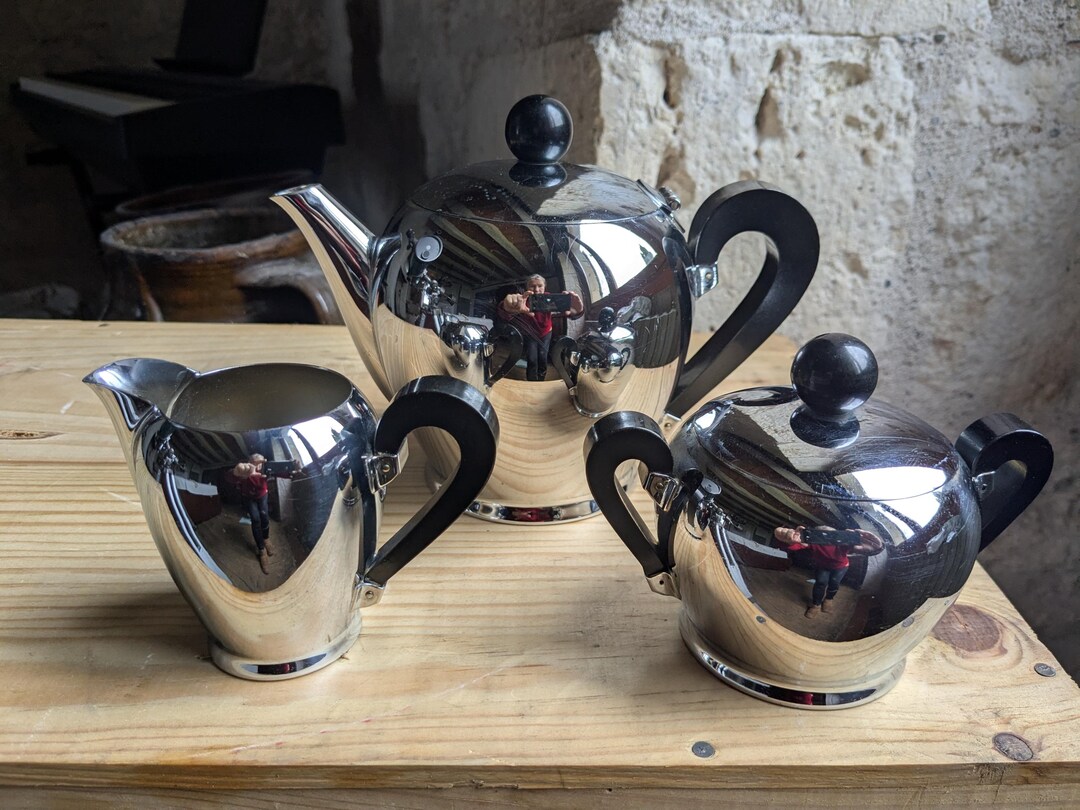 Alessi Strainless Steel and Black Bakelite Tea Set (tea Pot, Sugar Bowl ...