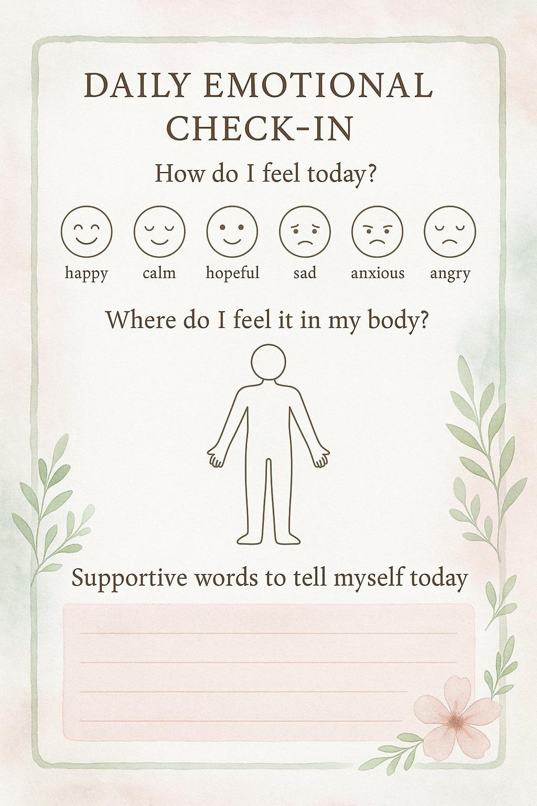 Daily Emotional Check-in Chart | Mental Health Printable | Self-care ...