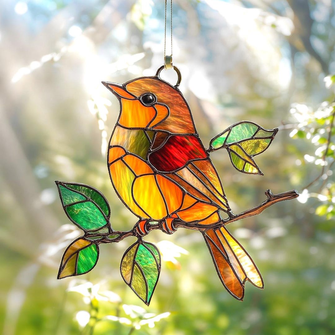 Robin Stained Glass Suncatcher - Faux Stained Glass Bird Window Hanging ...