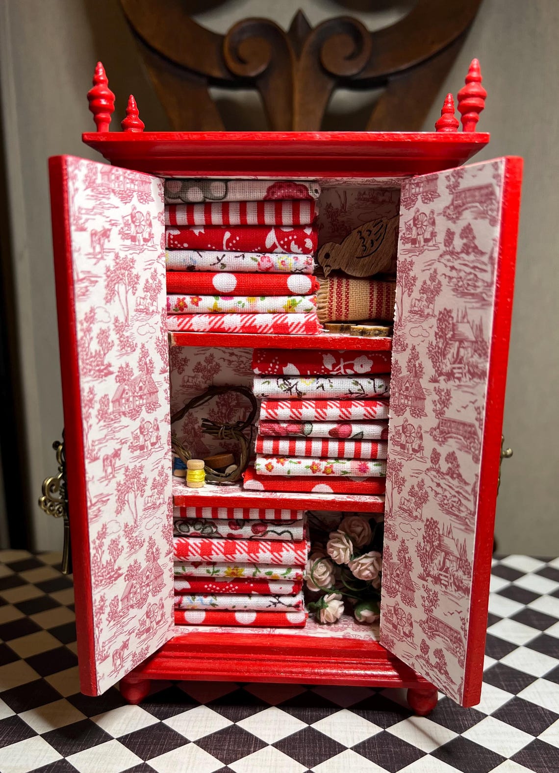 OOAK Artist Designed Red Wood Dollhouse Cabinet W Top Finials Stocked ...