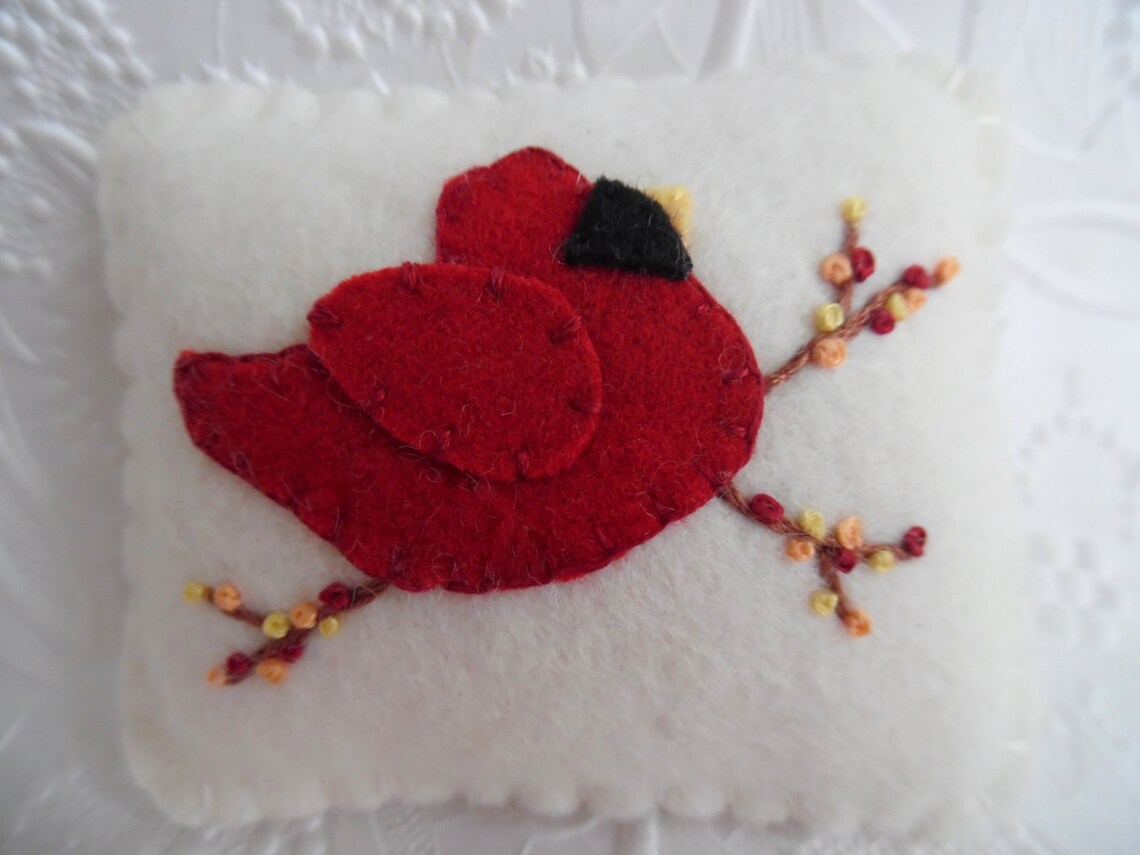 Felt Bird Pincushion Red Cardinal Holly Berries Wool Felted - Etsy