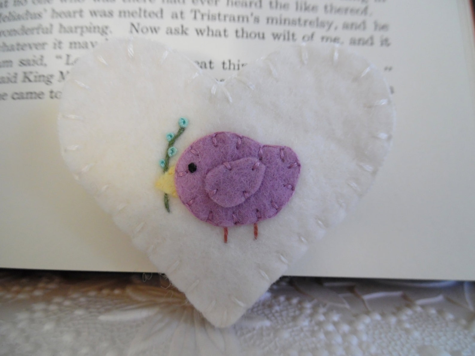 Corner Felt Bookmark Bird Heart Purple Flower Wool Felted Book - Etsy