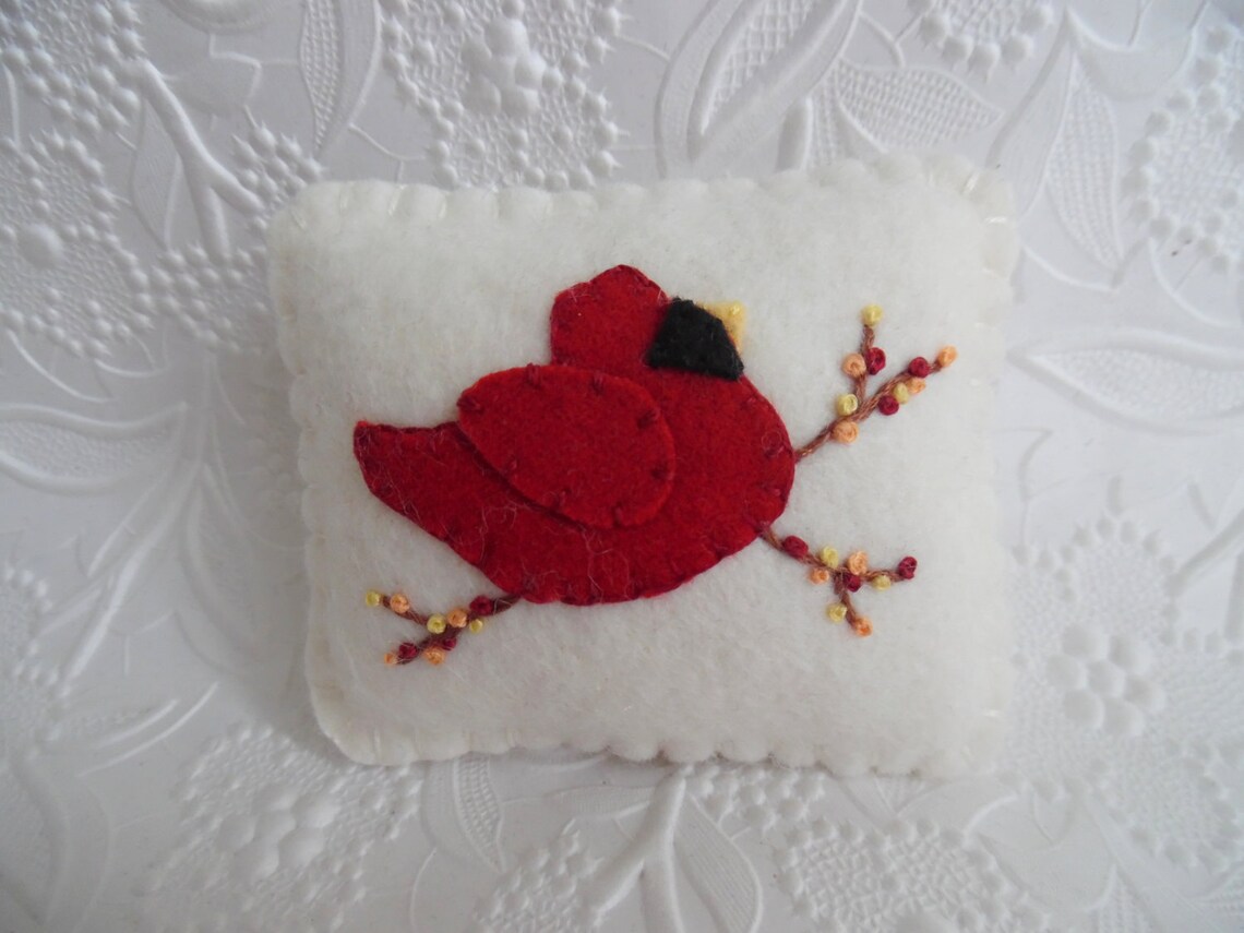 Felt Bird Pincushion Red Cardinal Holly Berries Wool Felted Christmas ...
