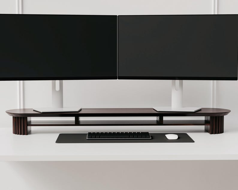 Fluted Monitor Stand - Handmade Large Solid Wood Desk Riser | Dark ...