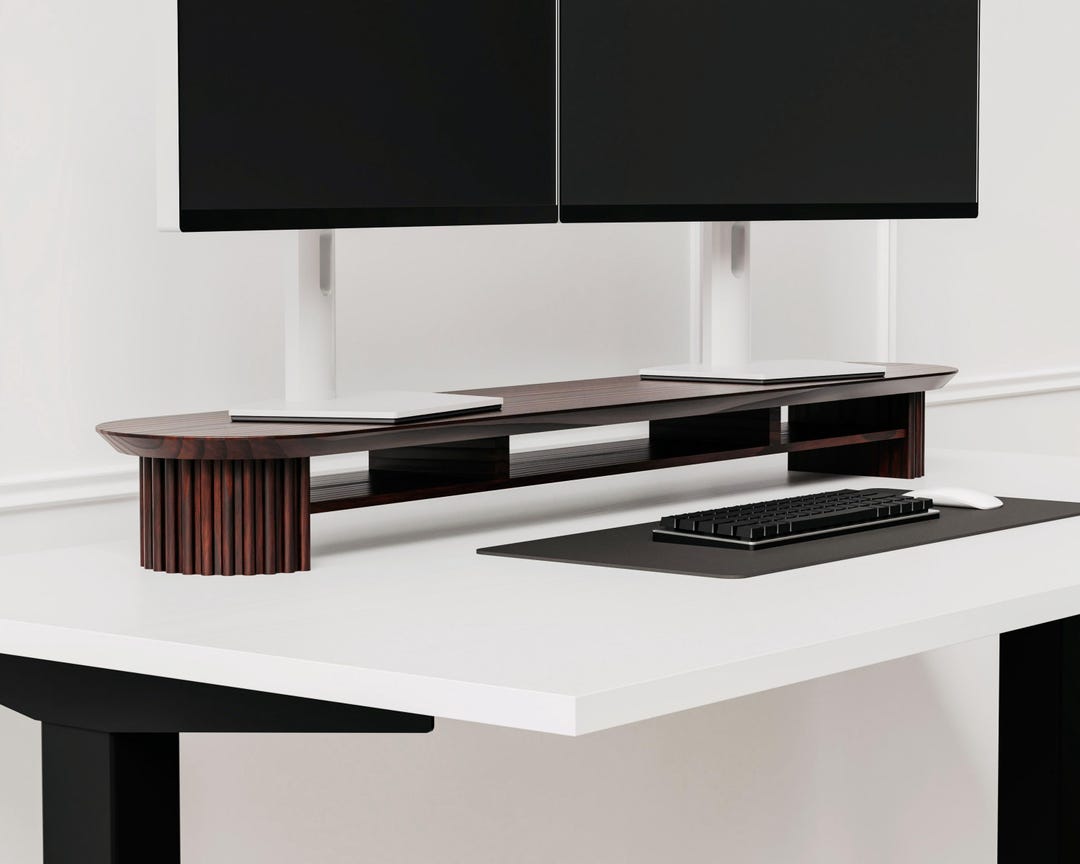 Fluted Monitor Stand - Handmade Large Solid Wood Desk Riser | Dark ...