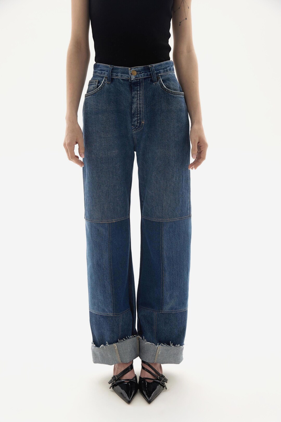 Blue Patchwork Jeans, Custom Jeans, Mid-rise, Wide, Relaxed Fit ...