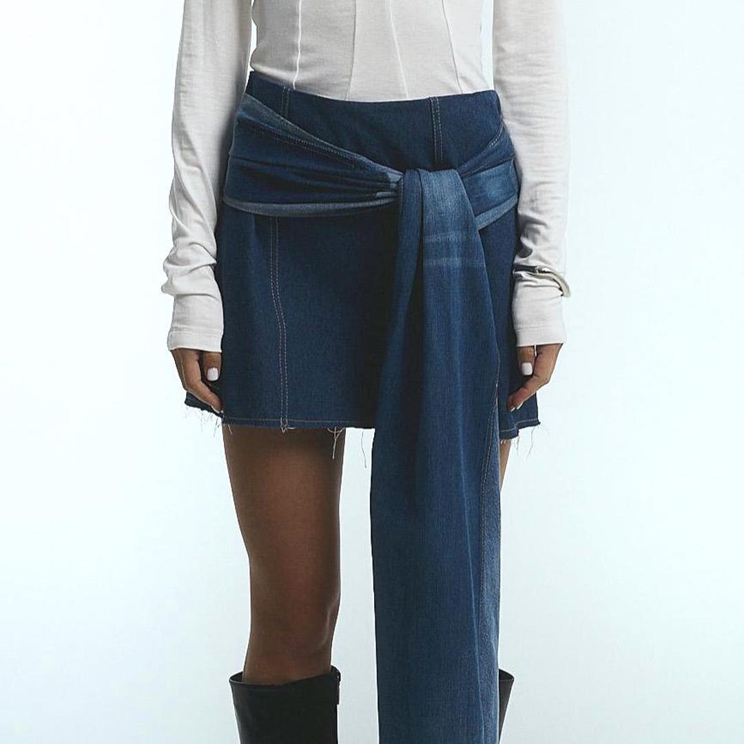 Upcycled Denim Skirt: Handmade Patchwork Jean Skirt With Tie - Etsy