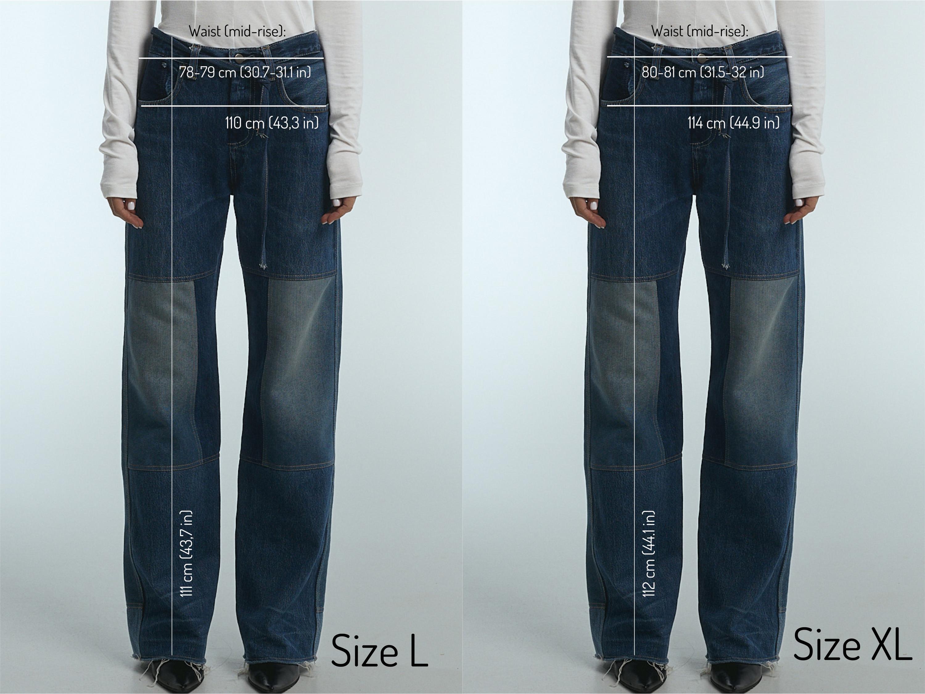 Blue Patchwork Jeans, Custom Jeans, Mid-rise, Wide, Relaxed Fit ...