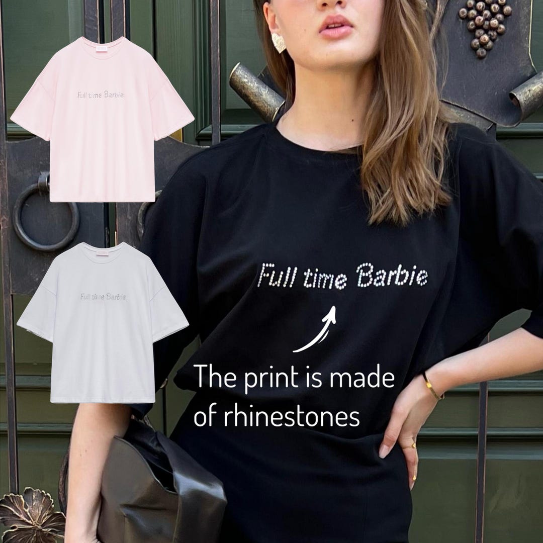 Sparkly Shirt With Rhinestone Lettering "full Time Barbie", Pink, Black ...