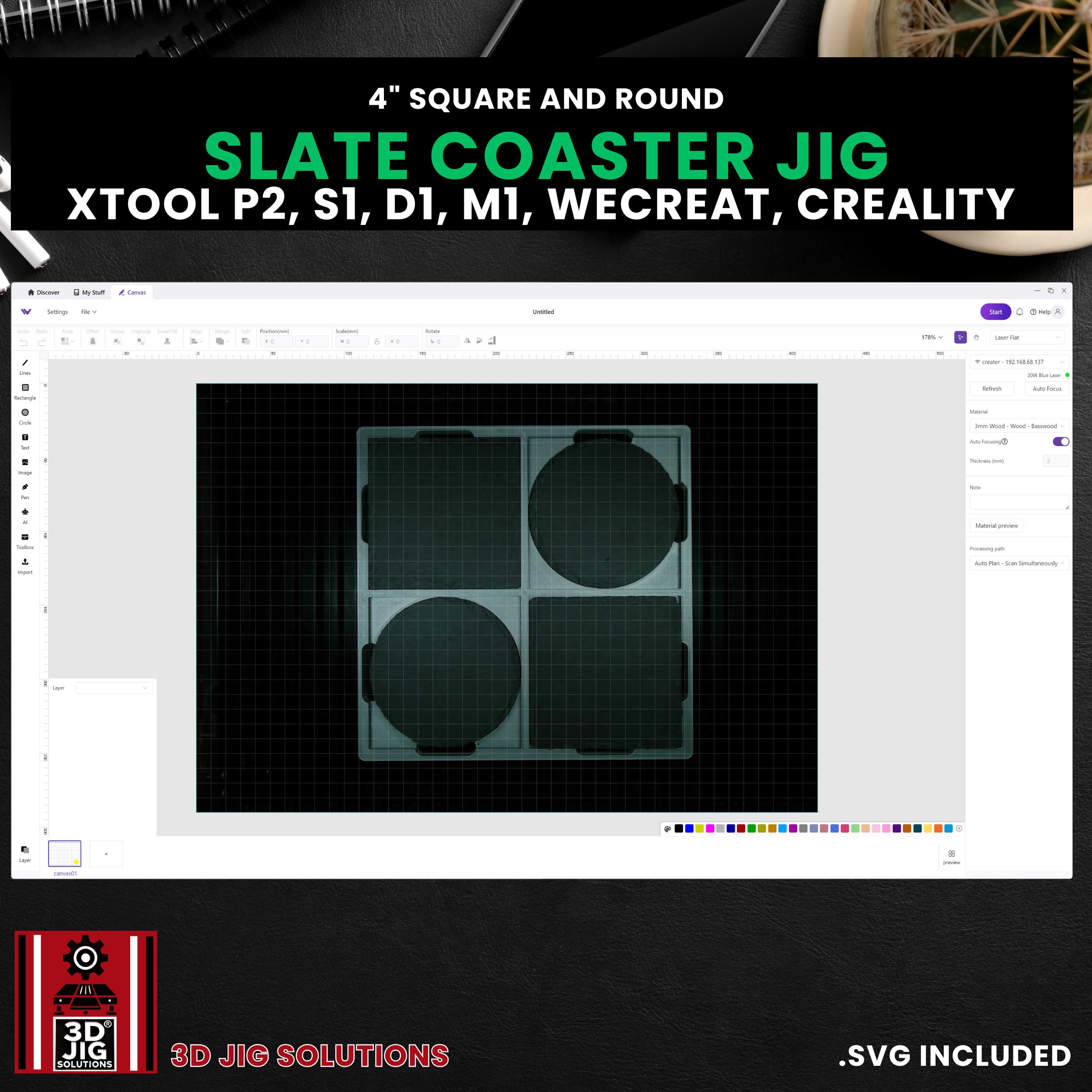 Slate Coaster Laser Engraving Jig: 4" Round & Square, Diode and CO2 ...
