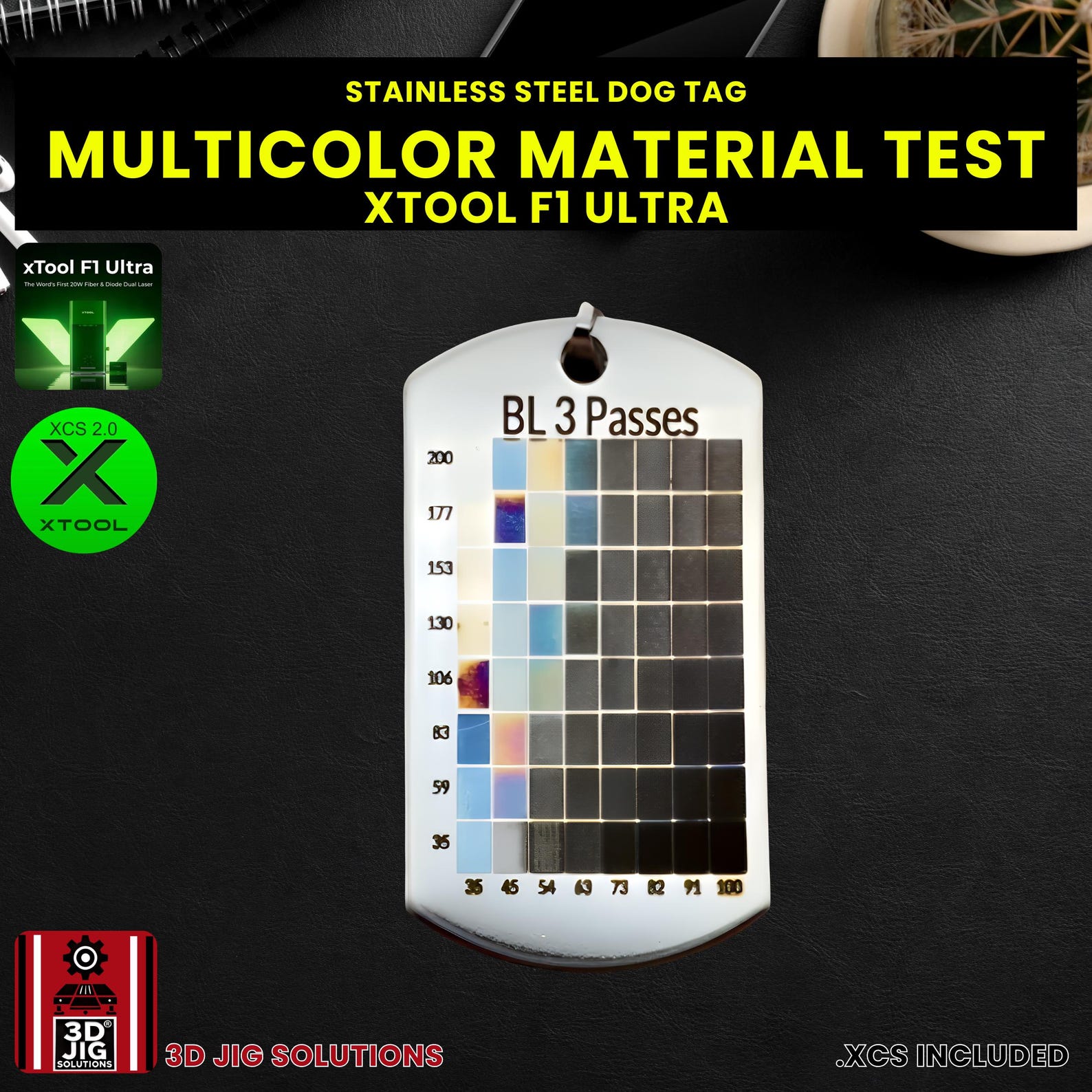 Xtool F1 Ultra Color Test Swatches: Stainless Steel Dog Tag Template ...