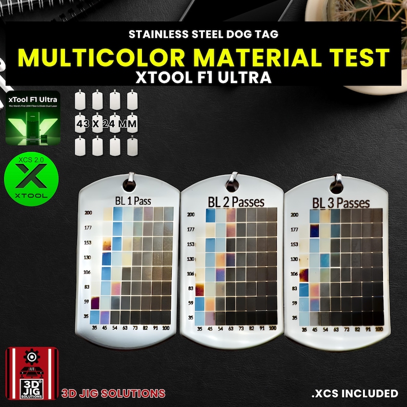 Xtool F1 Ultra Color Test Swatches: Stainless Steel Dog Tag Template ...