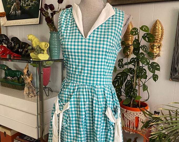 Retro 1950's Pinup Turquoise and White Gingham Dress With Big Pockets ...