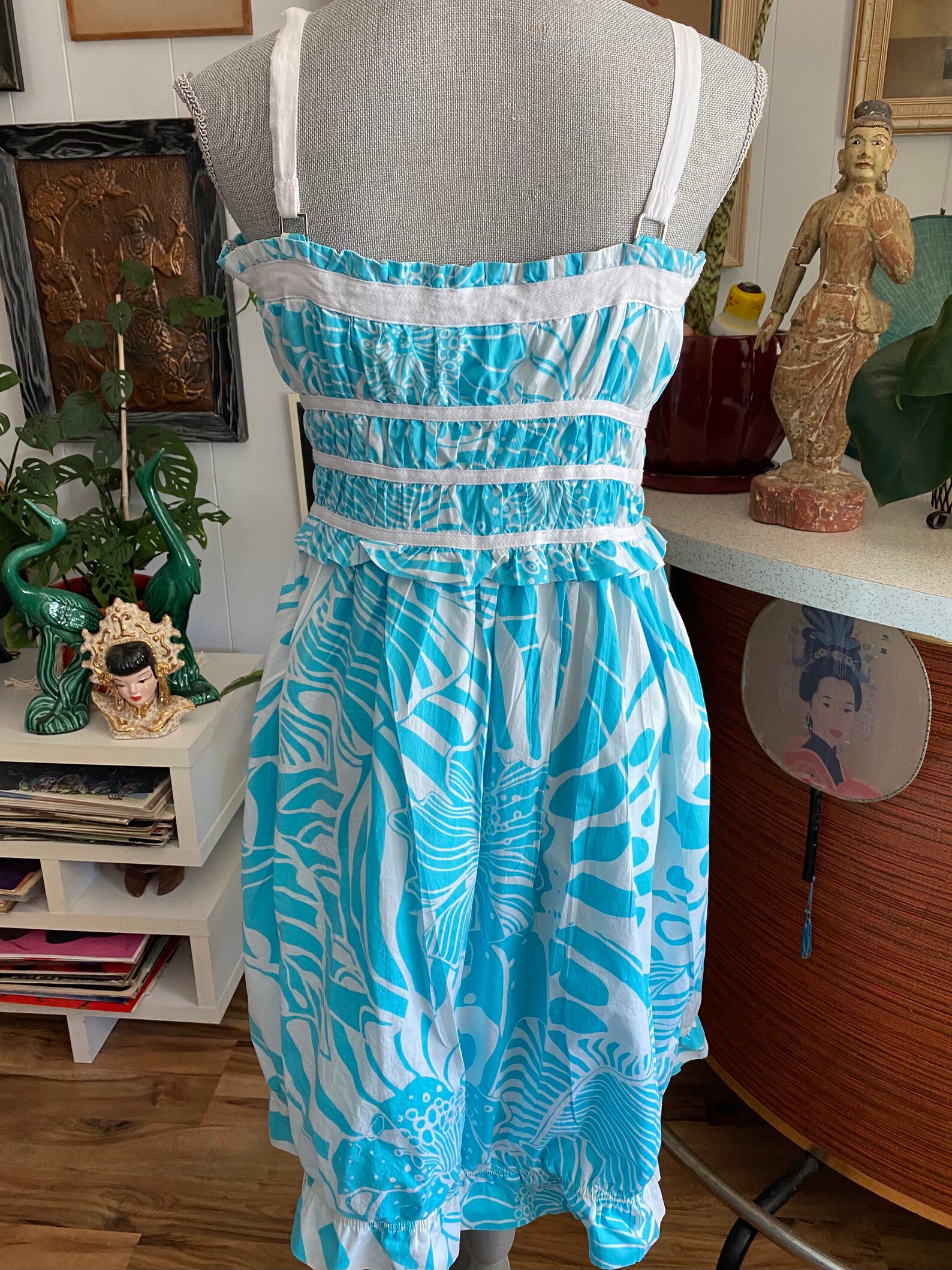 Vintage 1980's Cotton Hawaiian Sun Dress - Turquoise and White - Size M ...