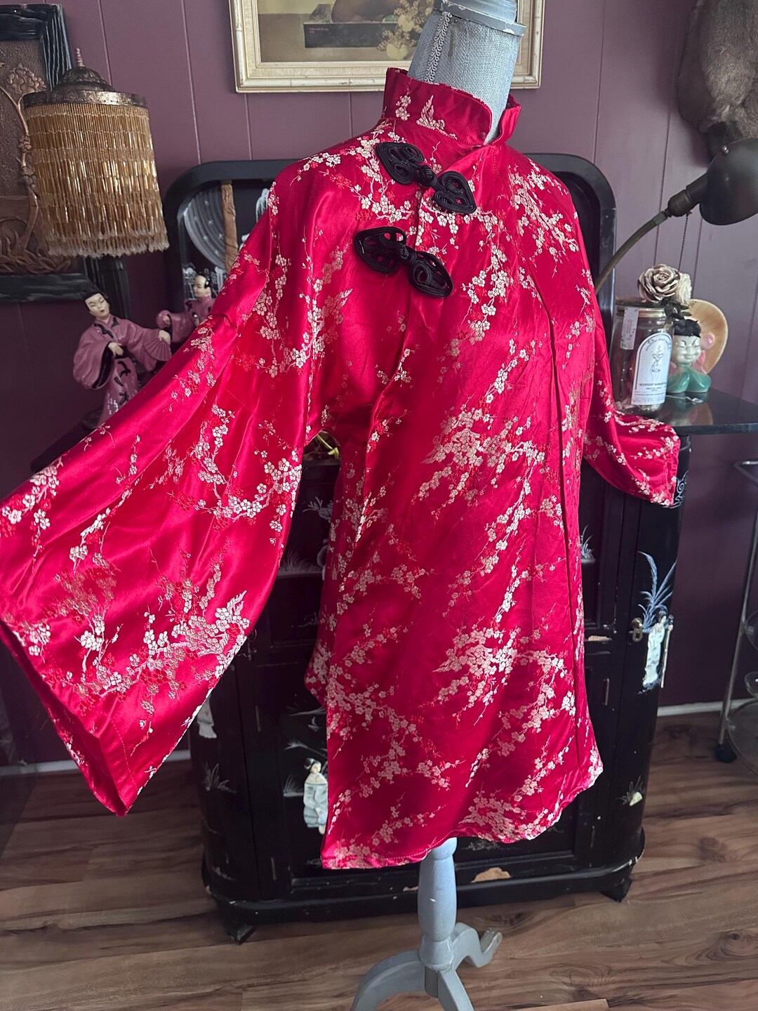 Vintage Red & Gold Embroidered Asian Tunic Top With Bell Sleeves - Free ...