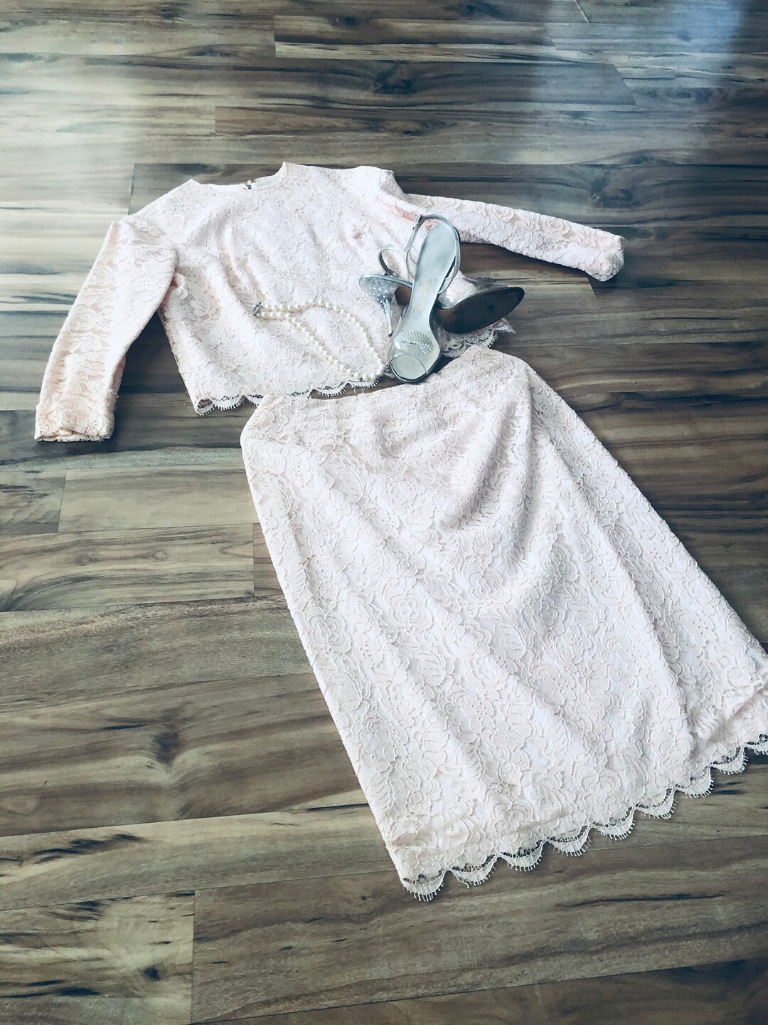 Final Sale Gorgeous 1960's Pink Netted Lace Two Piece Set Top and Skirt ...