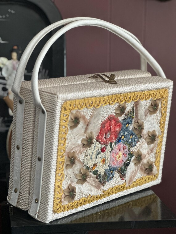 1950s Coated Wicker & Raffia Suitcase-Style Bag | Mad… - Gem