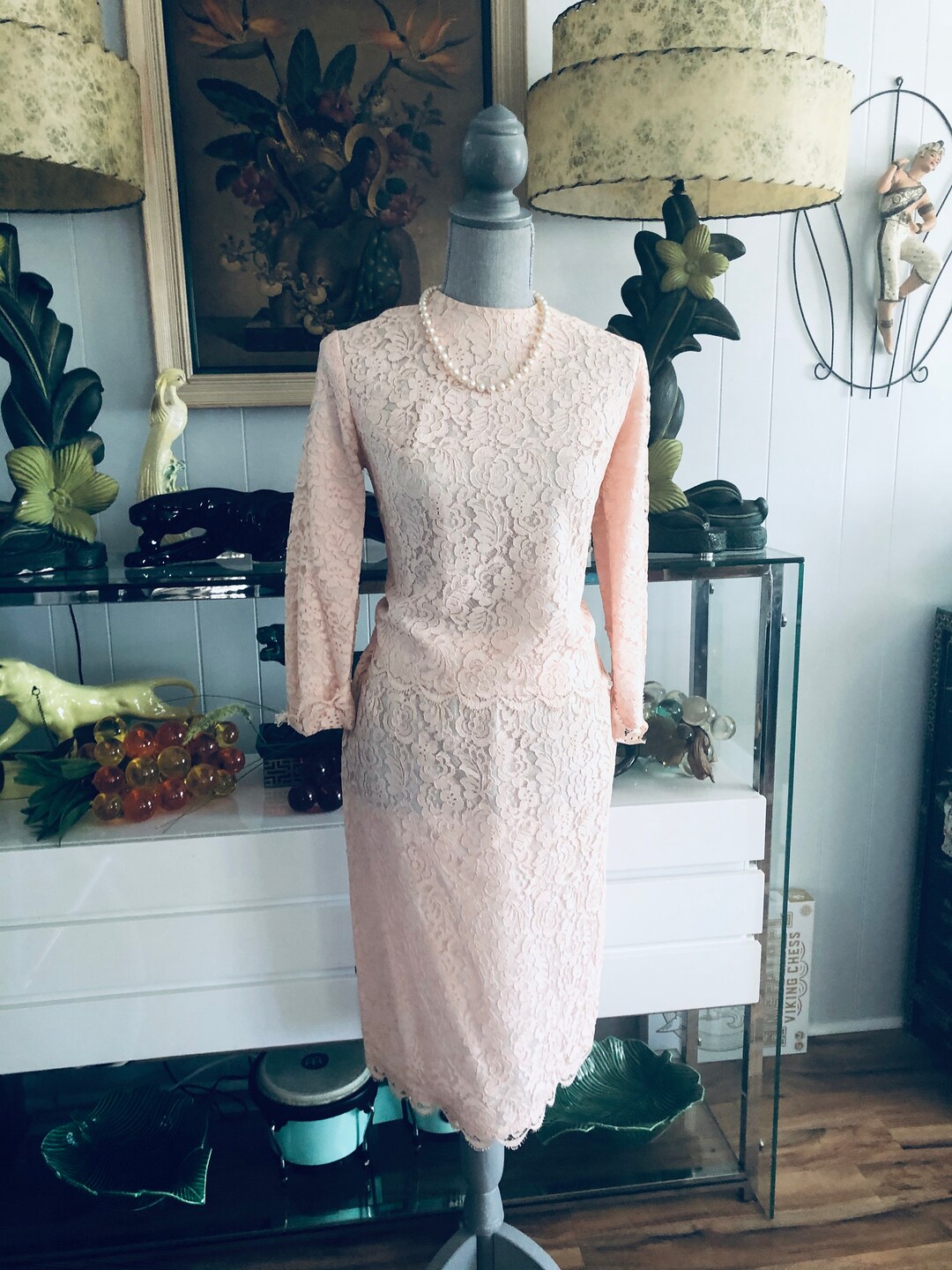 Gorgeous 1960's Pink Netted Lace Two Piece Set Top and Skirt Size M ...