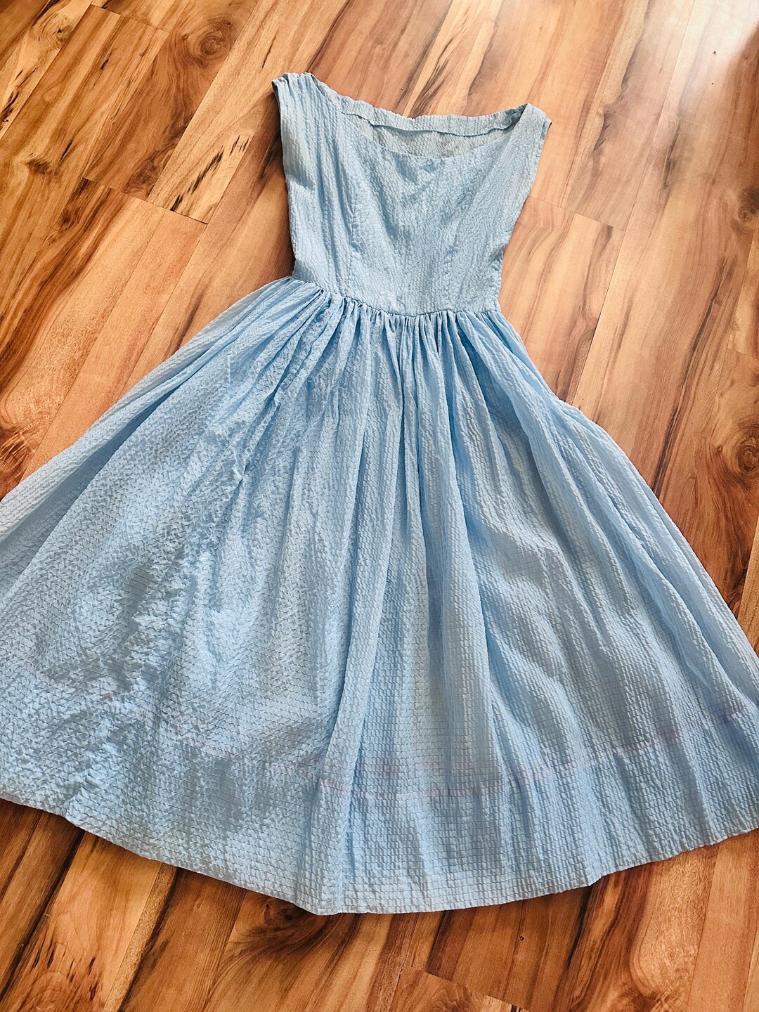 Vintage 1950s Sheer Baby Blue Crepe Dress | XS-S | Waffle Pleated ...