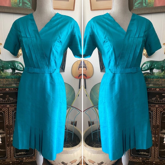 Vintage Early 60's Teal Green/Blue Sharkskin Dress - … - Gem