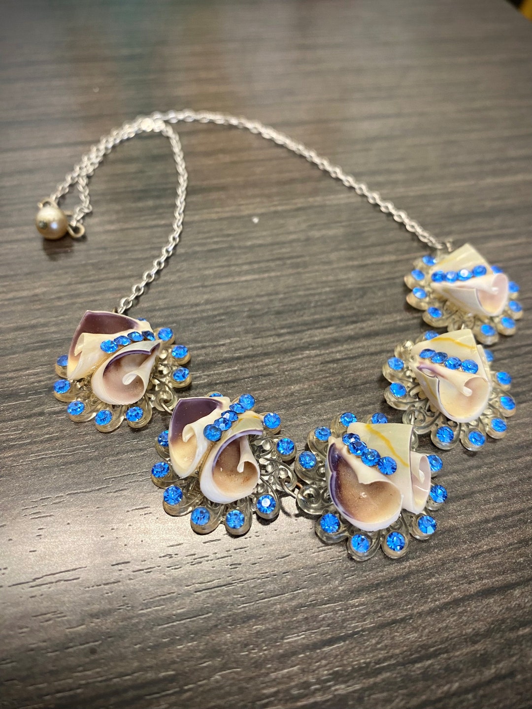 Pretty Vintage 40's Era Celluloid Shells and Rhinestone Necklace - Etsy