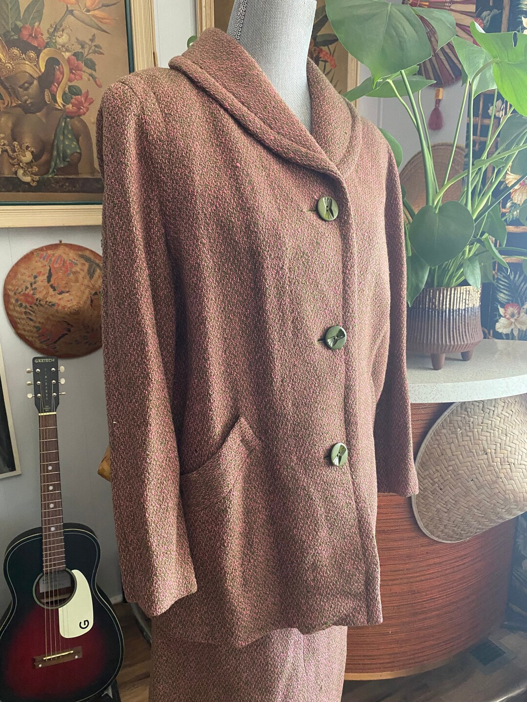 Vintage 60's Nubby Tweed 2-piece Suit in Salmon Pink and Green Size M ...