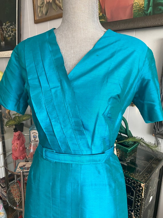 Vintage Early 60's Teal Green/Blue Sharkskin Dress - … - Gem