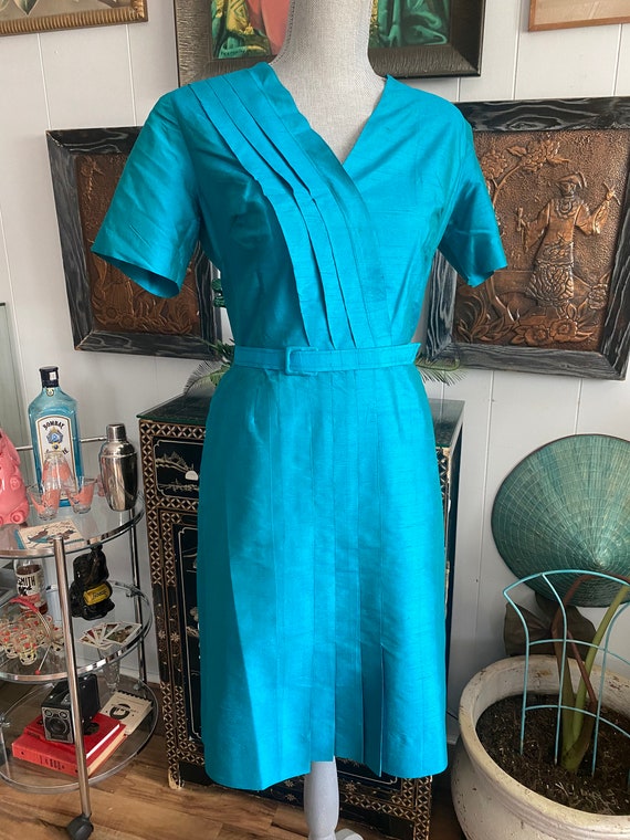 Vintage Early 60's Teal Green/Blue Sharkskin Dress - … - Gem