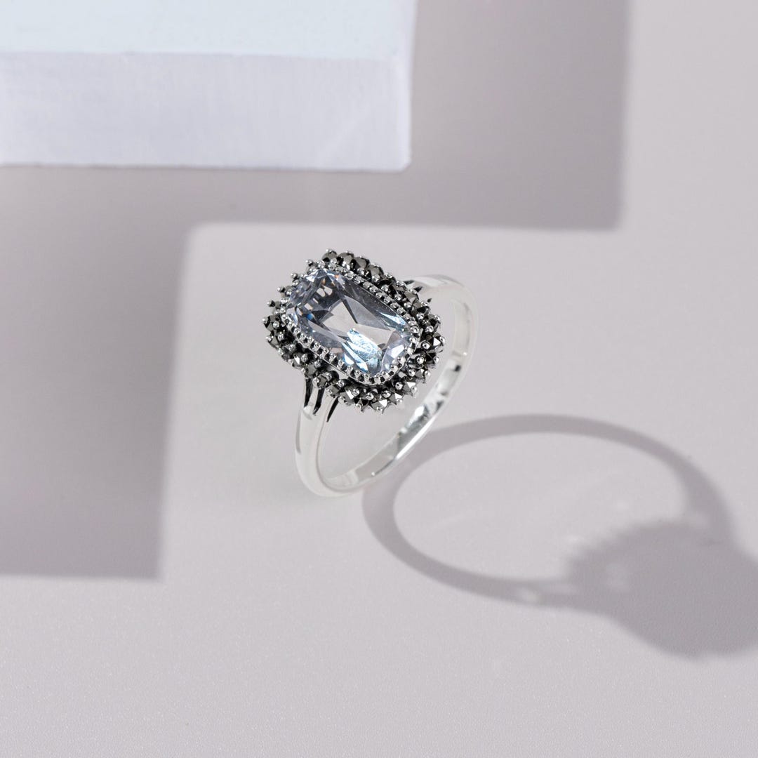 Art Deco Style Cushion Rock Crystal & Marcasite Halo Cluster Ring in ...