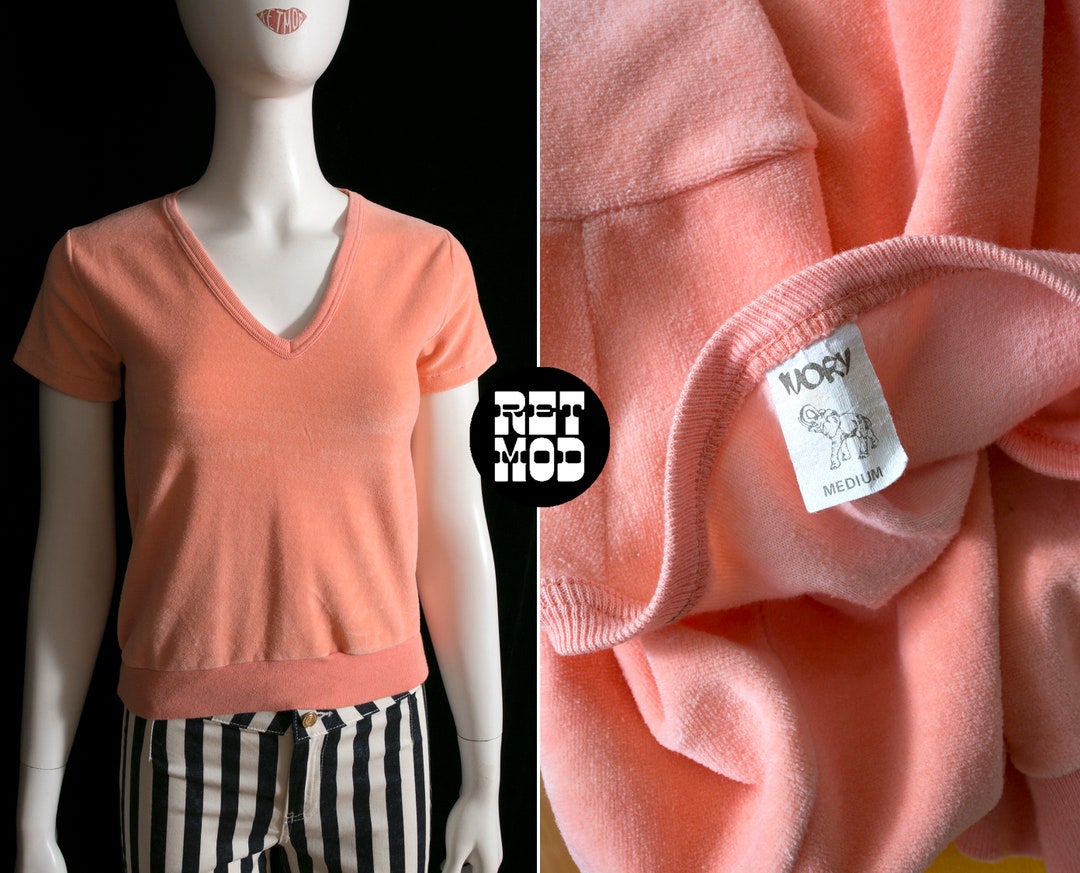 Cute Vintage 70s 80s Pastel Peach Velour Short Sleeve Top With V-neck ...
