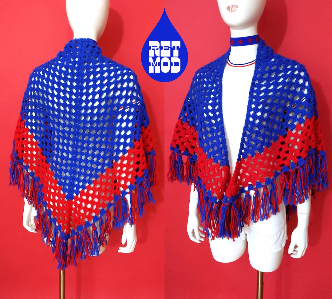 Iconic Mod Vintage 60s 70s Red & Blue Shawl With Fringe - Etsy