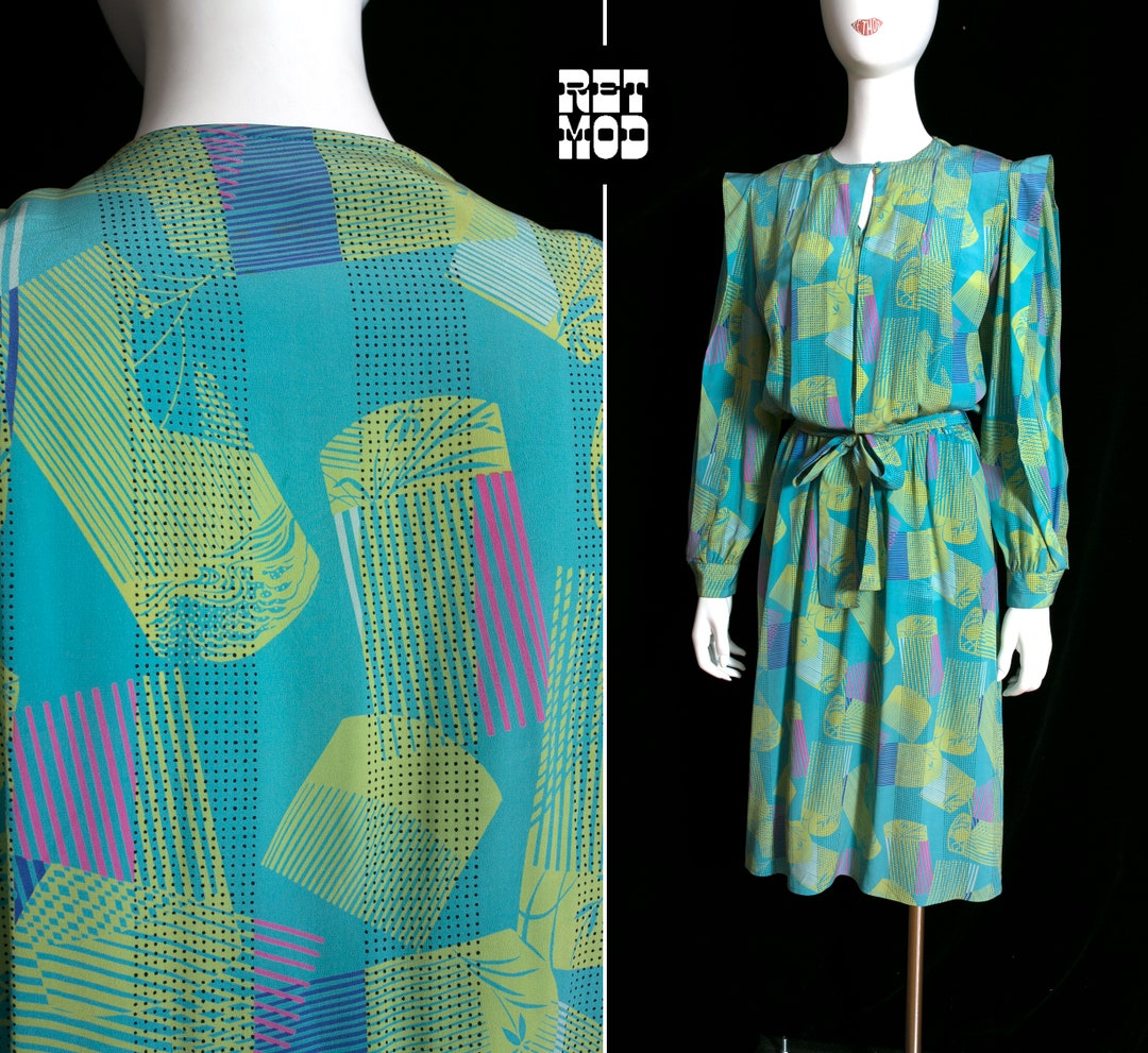 Avant Garde Vintage 80s 90s Teal Abstract Geometric Patterned Silk ...